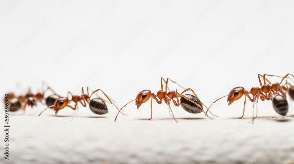 close up group of ants on ground walking following lead isolated on ...