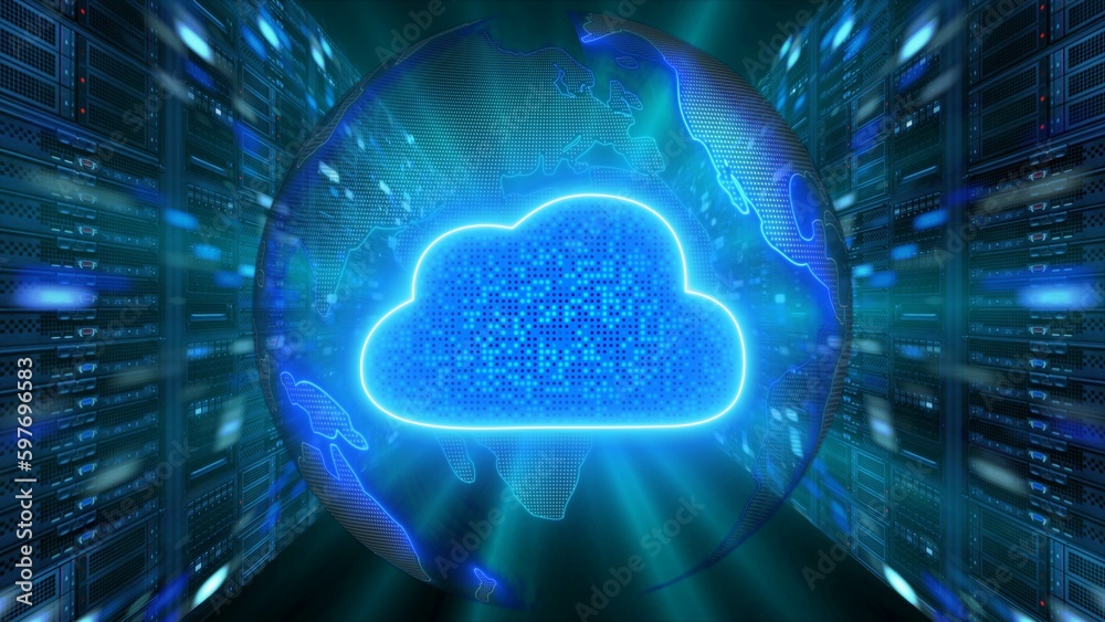 Cloud computing network concept - multi circuit board in glowing cloud ...