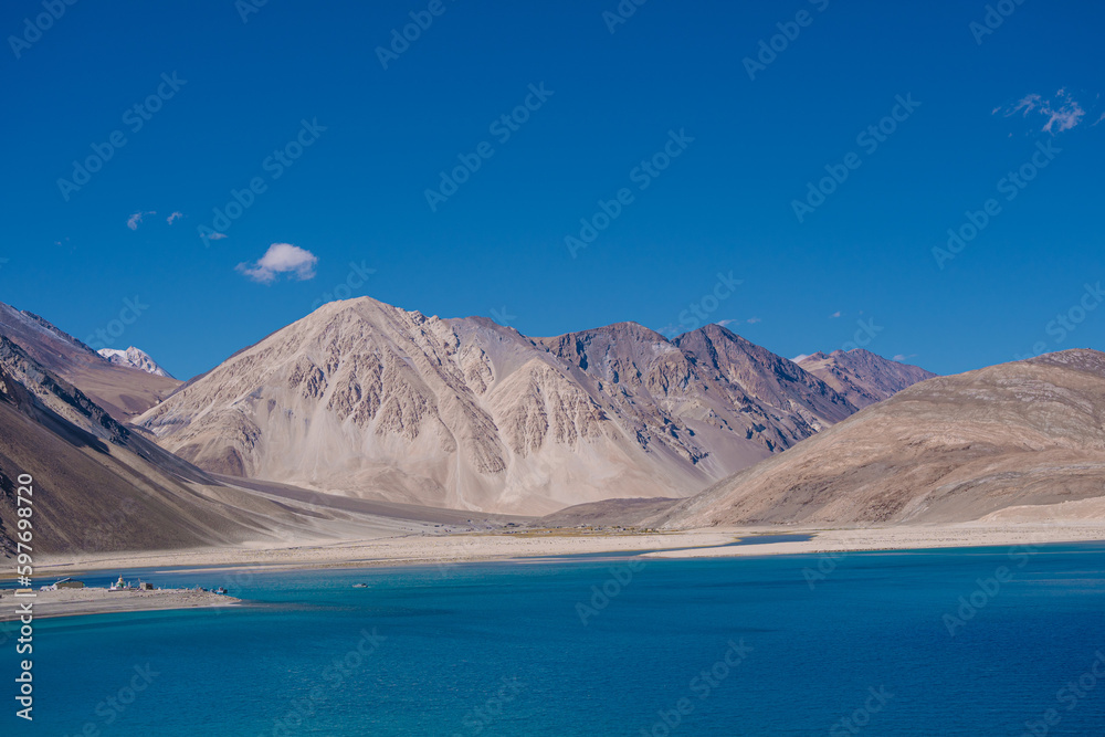 beautiful scenery of Pangong lake, blue lake water, blue sky, snow ...