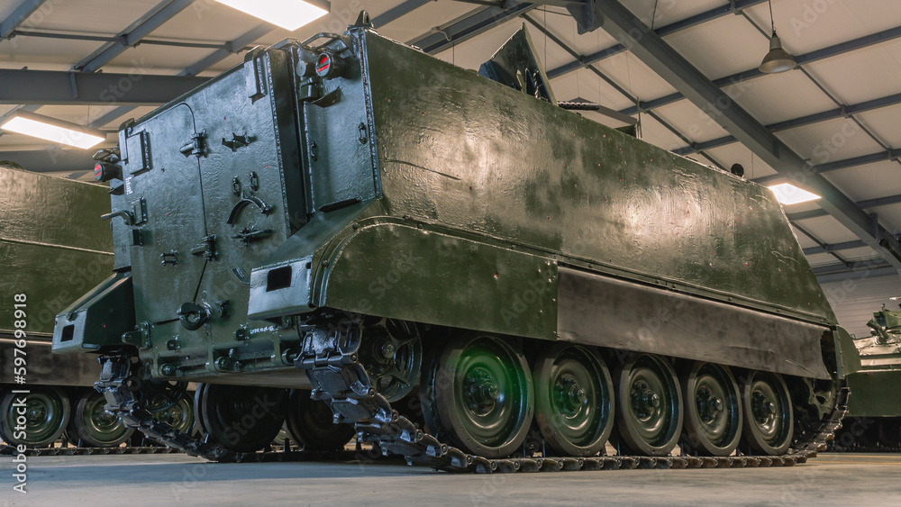 Armored personnel carrier. The rear ramp of the armored personnel carrier for boarding and ...