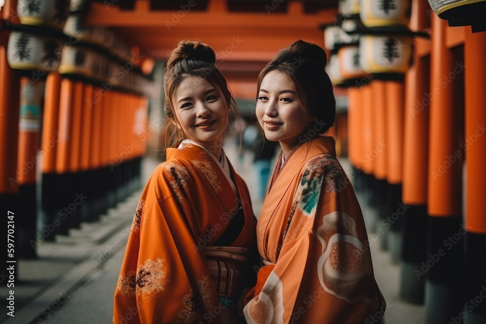 Pretty girls tourist smiling happily and walk in the most famous ...