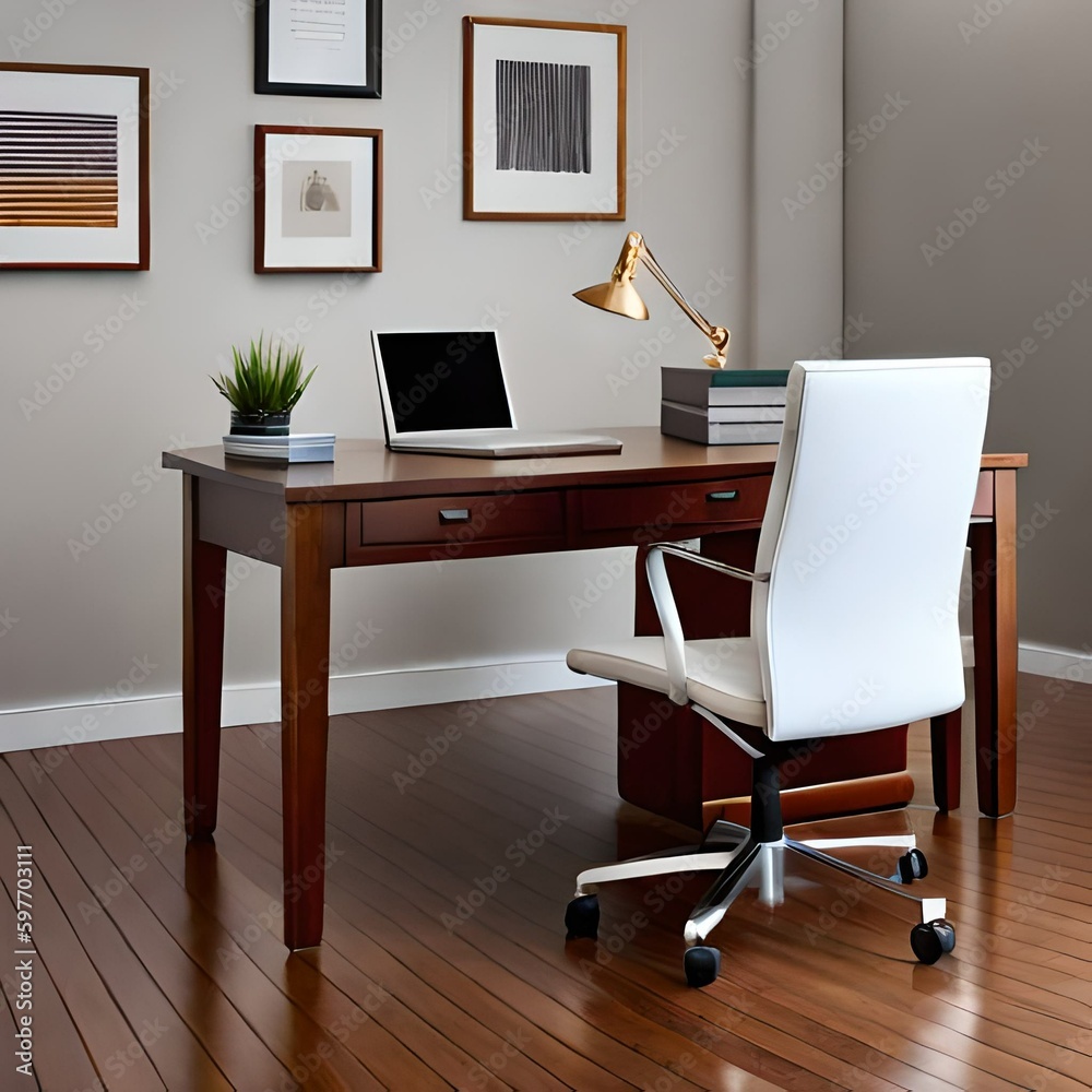 This office image depicts a modern workspace with sleek, minimalist ...