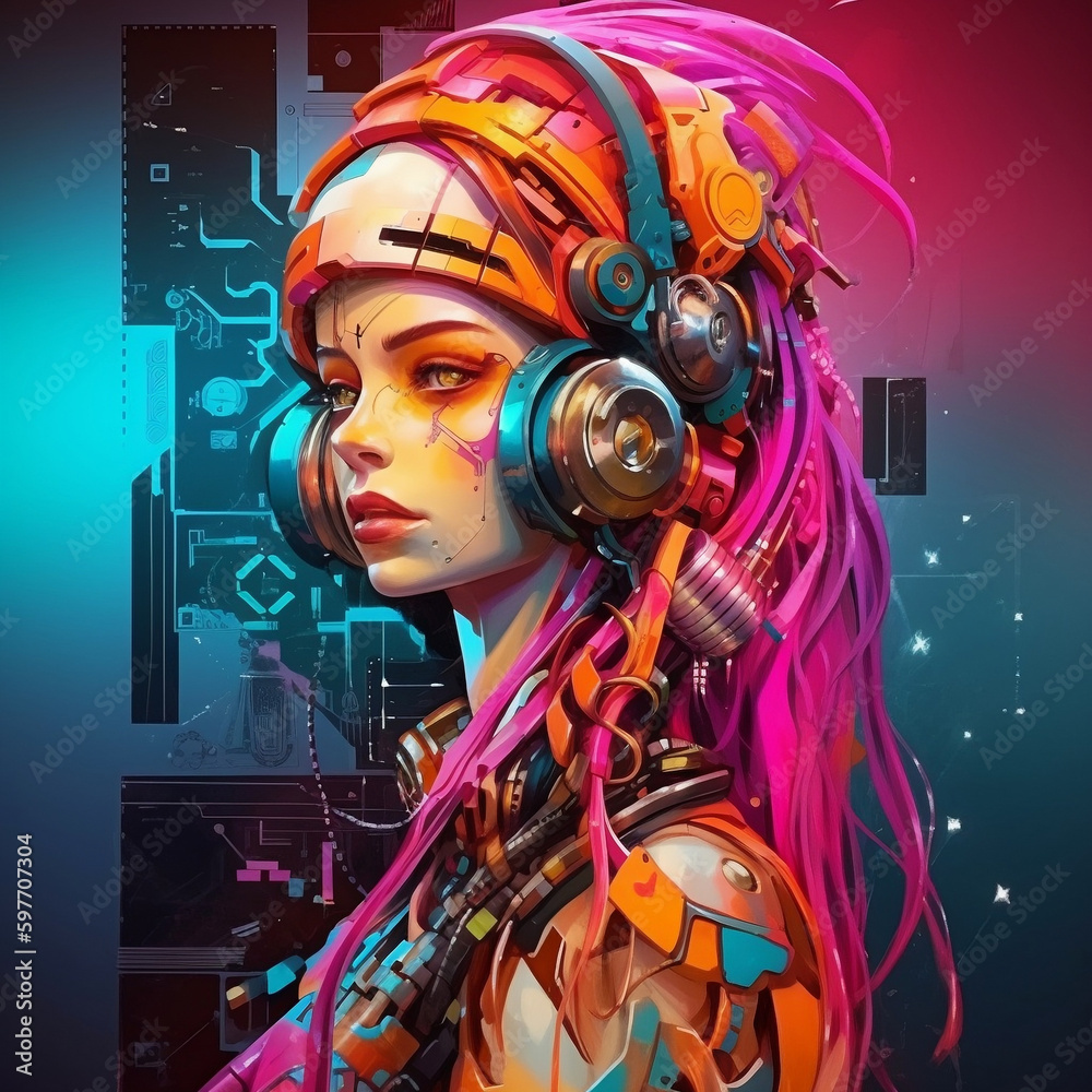 ai generative girl with headphones and future technology background ...