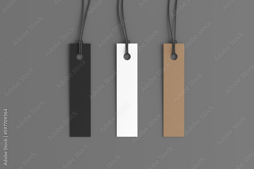 White, cardboard, black long tags mockup on gray background. View ...
