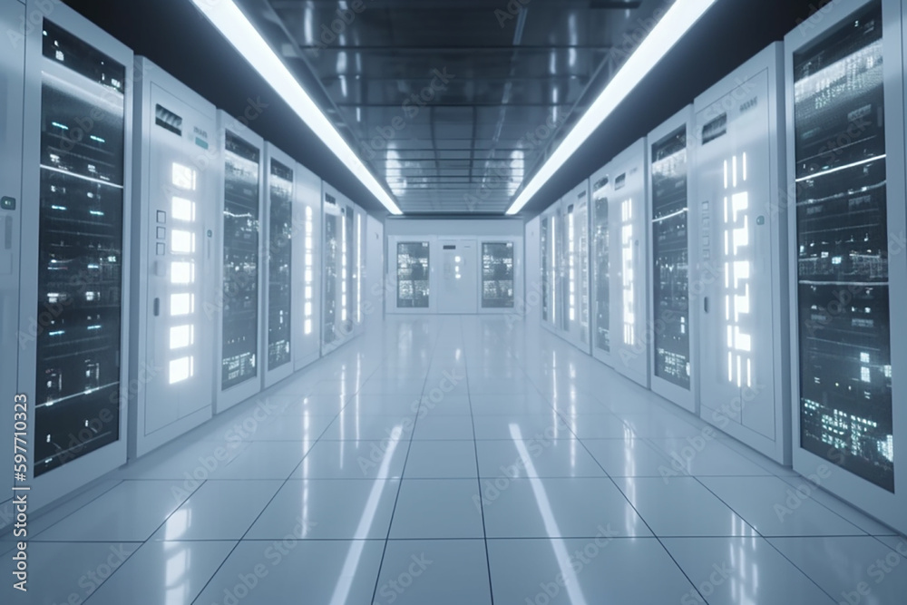 Futuristic bright server room, predominantly cool white lighting, AI ...