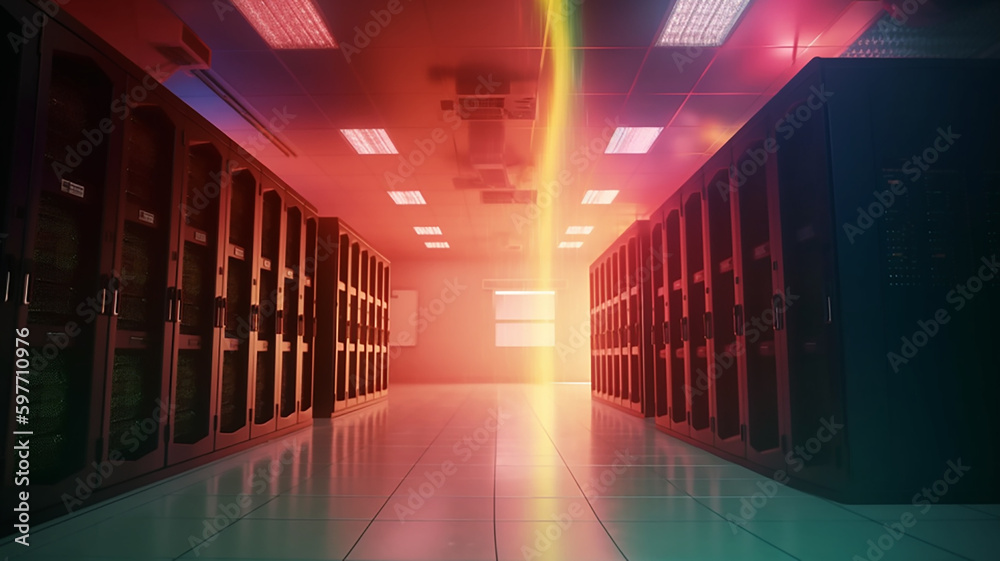 Furious server room with colorful neon effects and lightning, AI ...