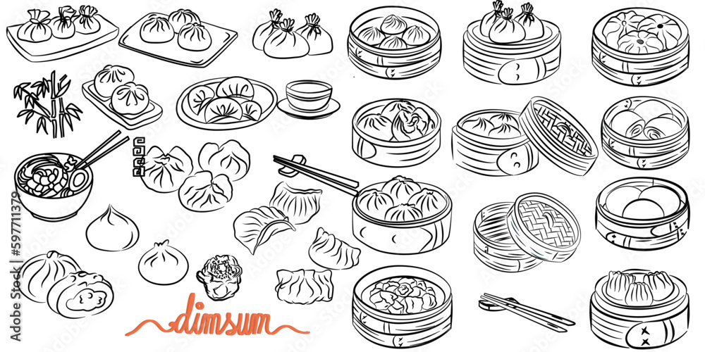 Hand drawn dim sum set. Vector background illustration. Stock Vector ...