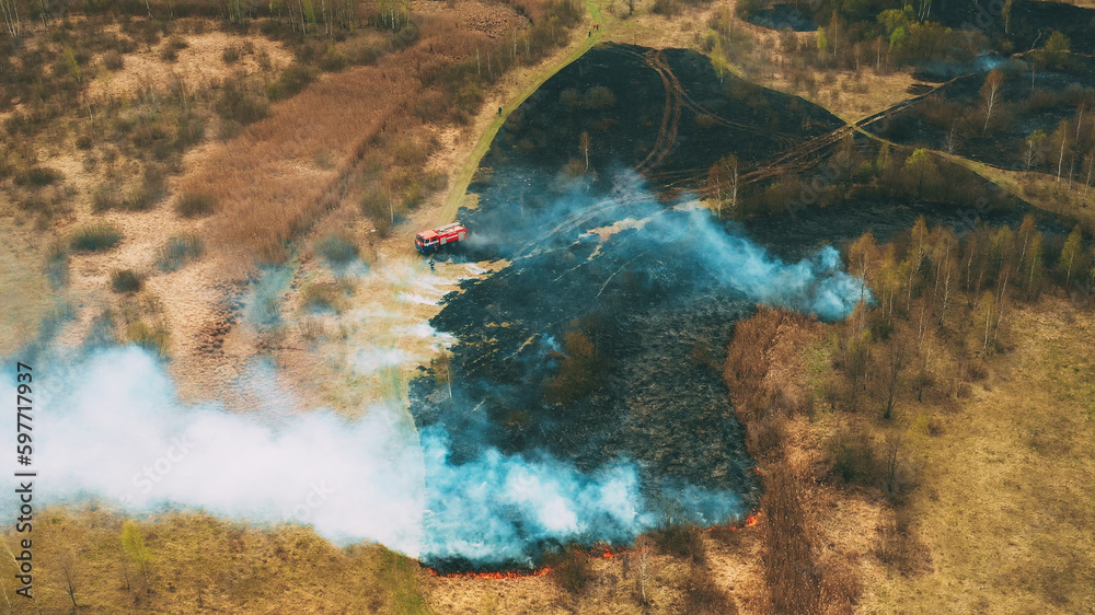 Aerial View Spring Dry Grass Burns During Drought Hot Weather. Bush ...