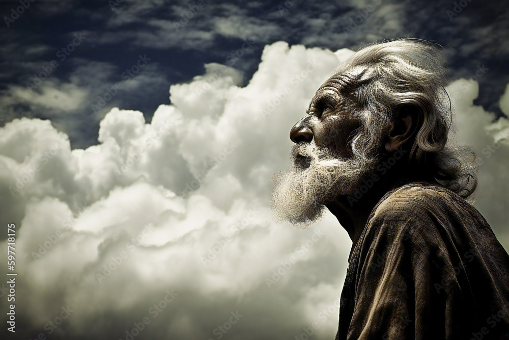 Old man with a beard, with a stormy sky in the background. Visionary ...