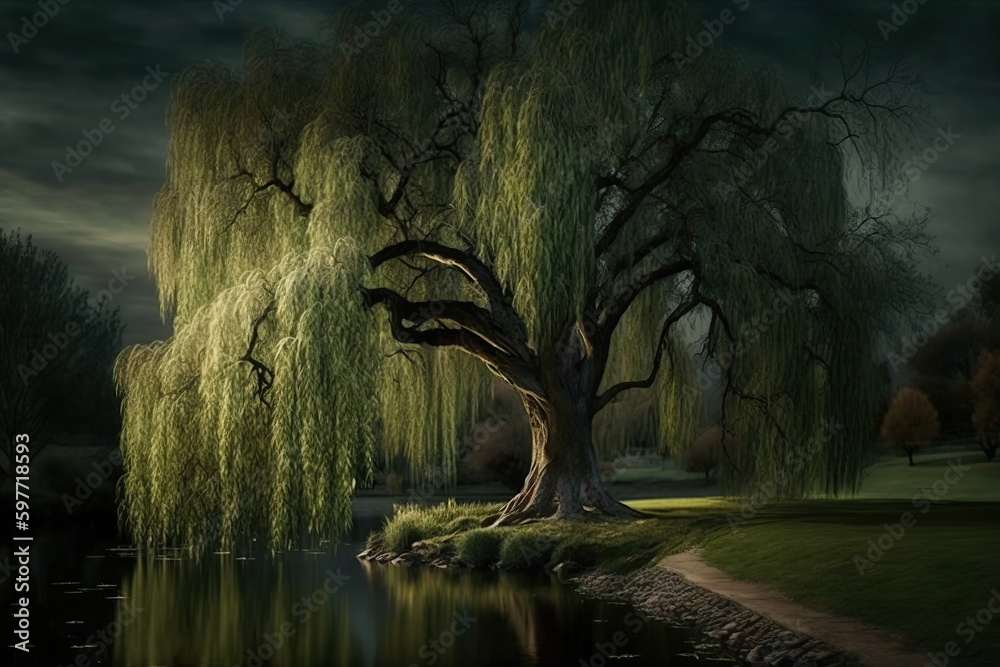 weeping willow tree in a park, Generative AI Stock Illustration | Adobe ...