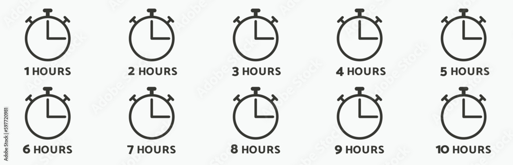 1, 2, 3, 4, 5, 6, 7, 8, 9, and 10 hours icon set on white background ...