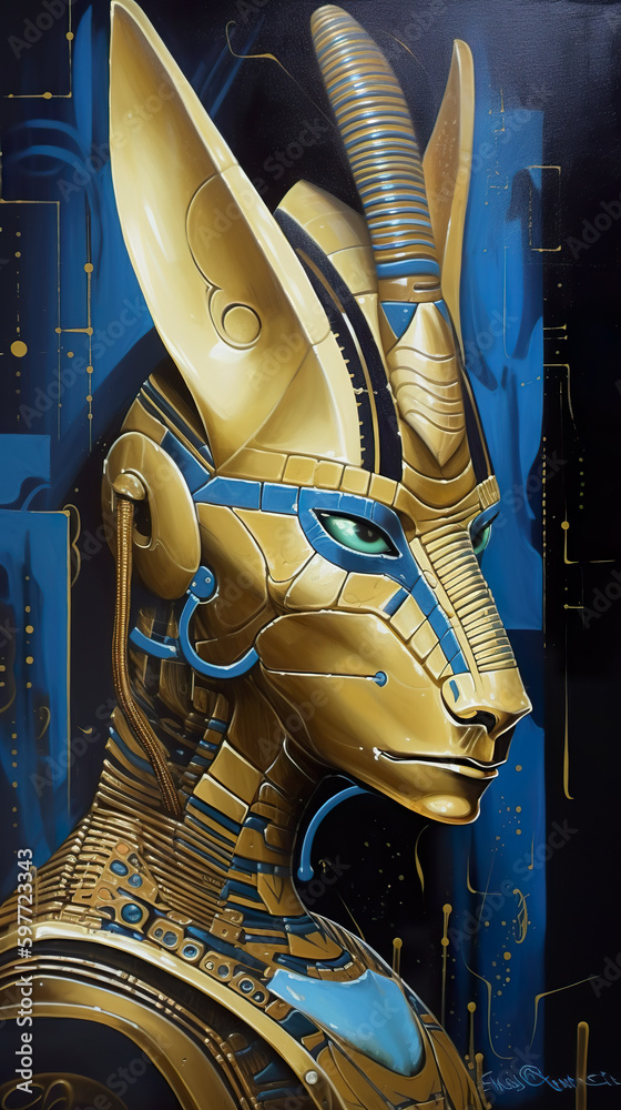 Anubis, the egyptian god of the underworld in gold and blue metallic ...