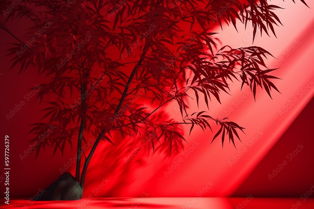Exotic Chinese bamboo tree leaves on vibrant red background, AI ...