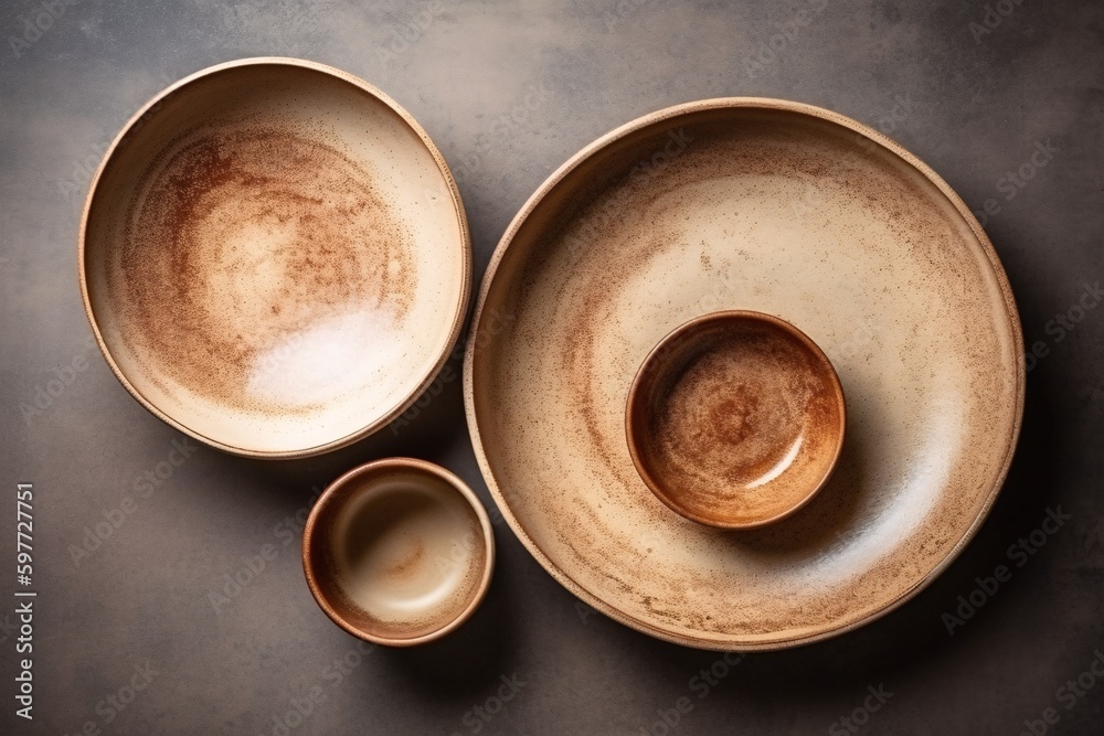 Different size plate on beige background. Flat lay, top view. Brown and ...