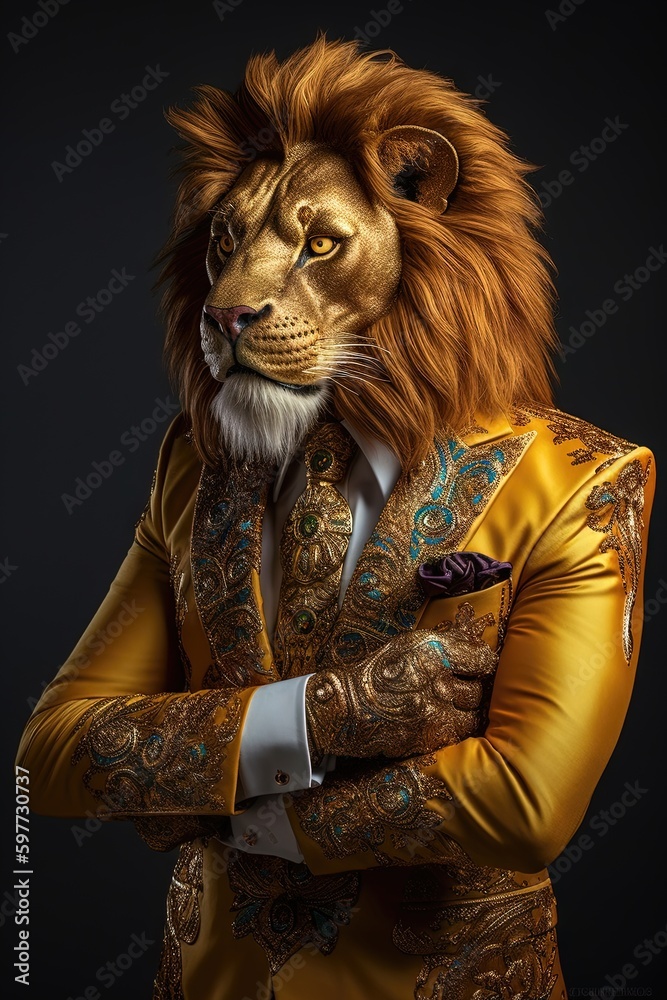 Un lion riche de super luxe vêtu d'un magnifique costume doré sur ...