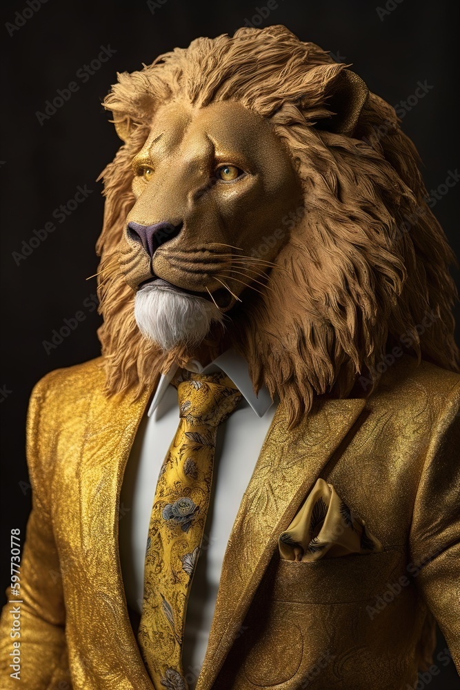 Un lion riche de super luxe vêtu d'un magnifique costume doré sur ...