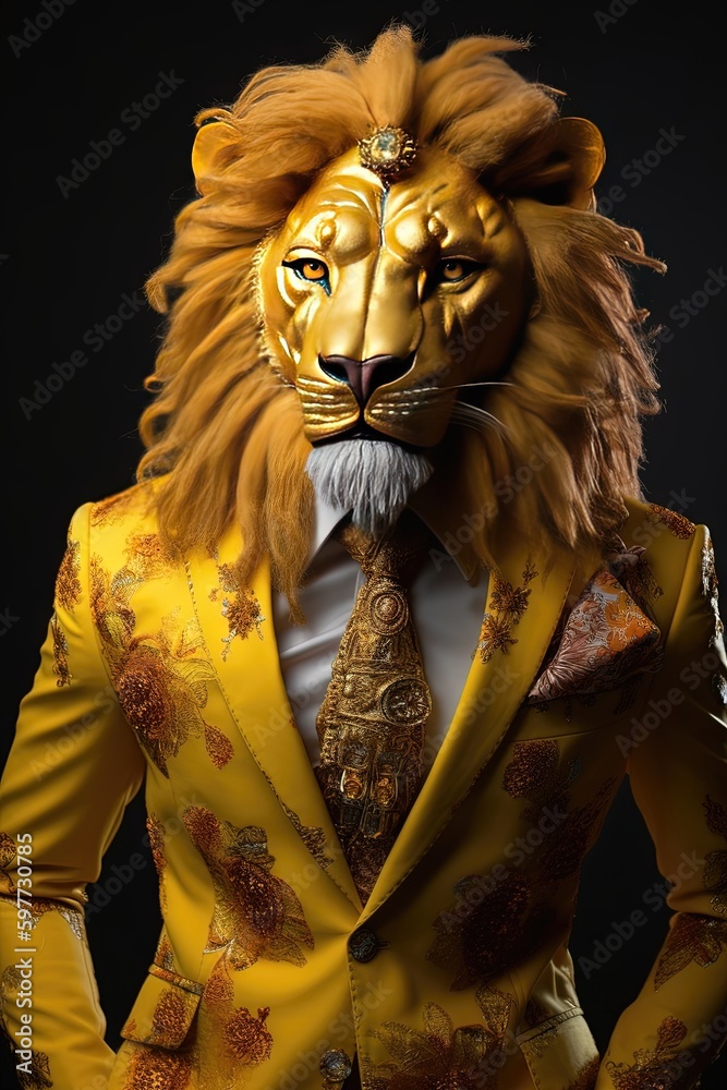 Un lion riche de super luxe vêtu d'un magnifique costume doré sur ...