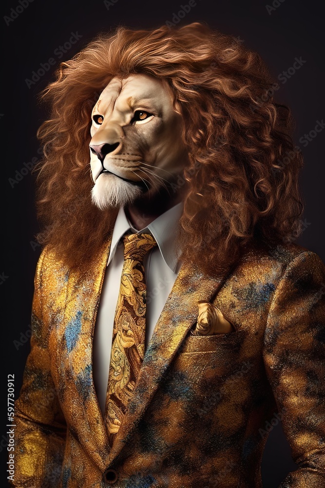 Un lion riche de super luxe vêtu d'un magnifique costume doré sur ...