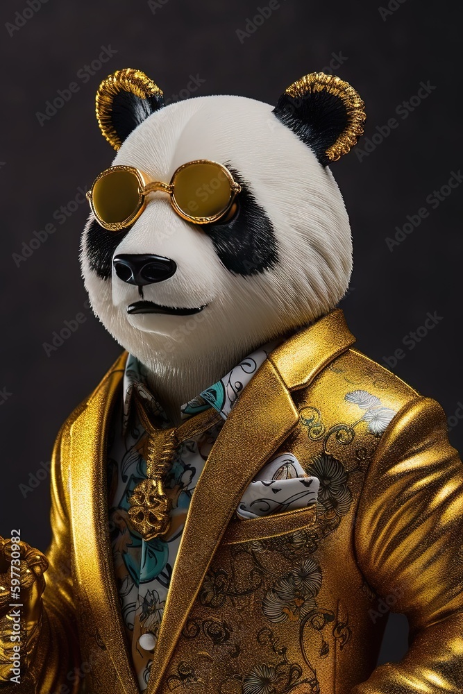 Un panda riche et super luxueux vêtu d'un magnifique costume doré sur ...