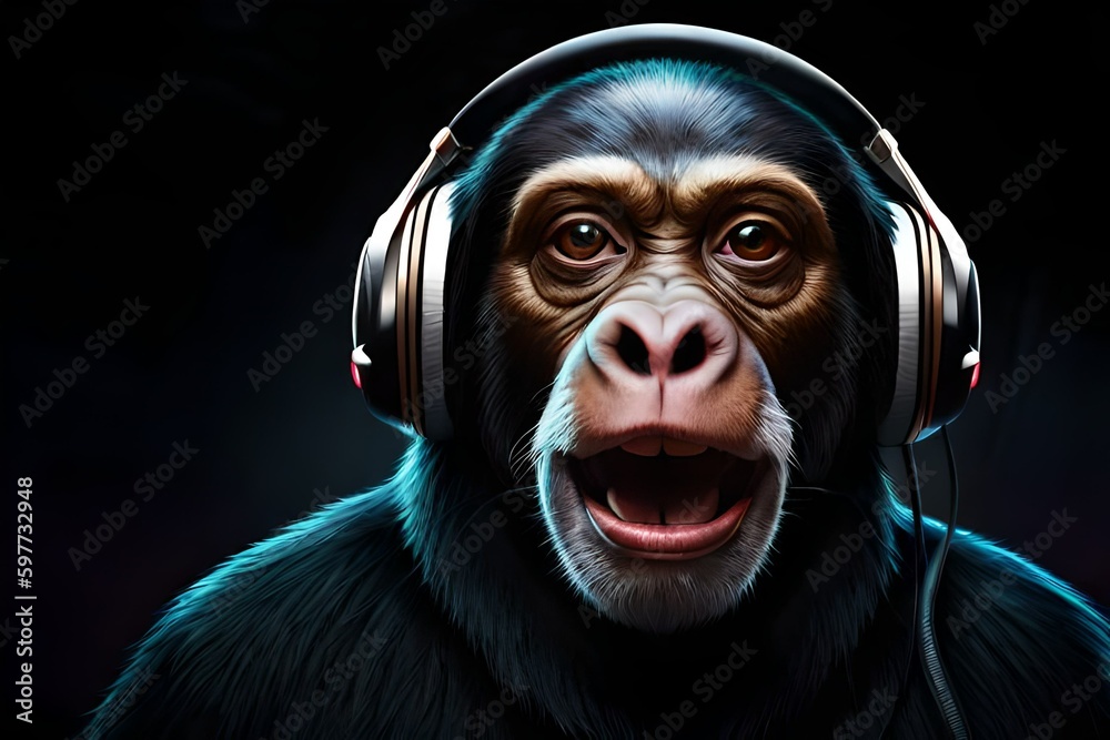 A happy monkey with headphones, listening music, Generative AI Stock ...