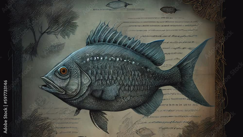 The drawing of a huge piranha fish on the page of an old illustration ...