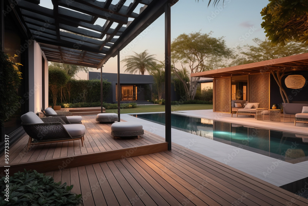 Luxurious outdoor garden scene at dusk with teak deck and poolside ...