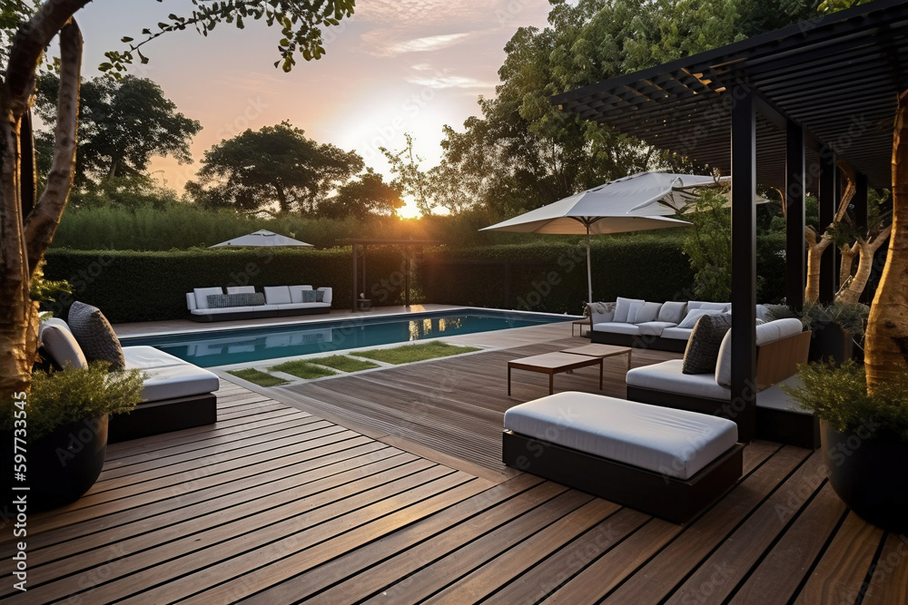 A lavish outdoor garden scene in the morning, featuring a teak hardwood ...