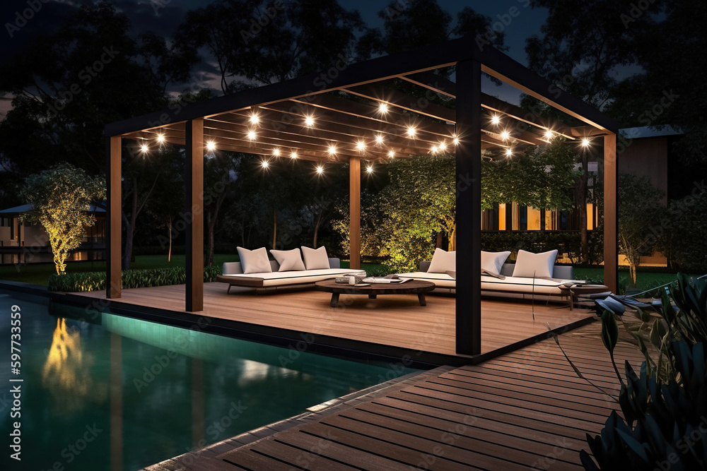 Luxurious outdoor garden scene at dawn with poolside relaxation Stock ...