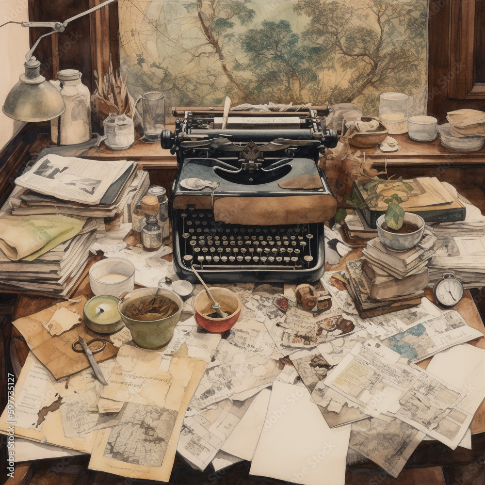 A writer's desk, with a typewriter, fountain pen, and stacks of paper ...