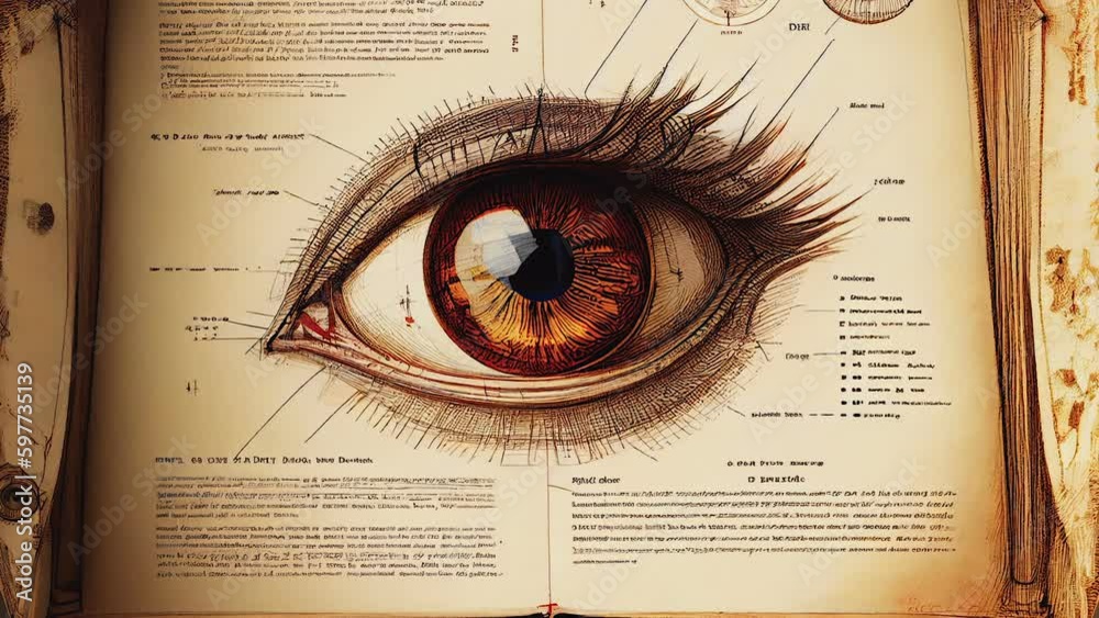 A sketch drawing of an eye and its diagram on an old page book AI ...