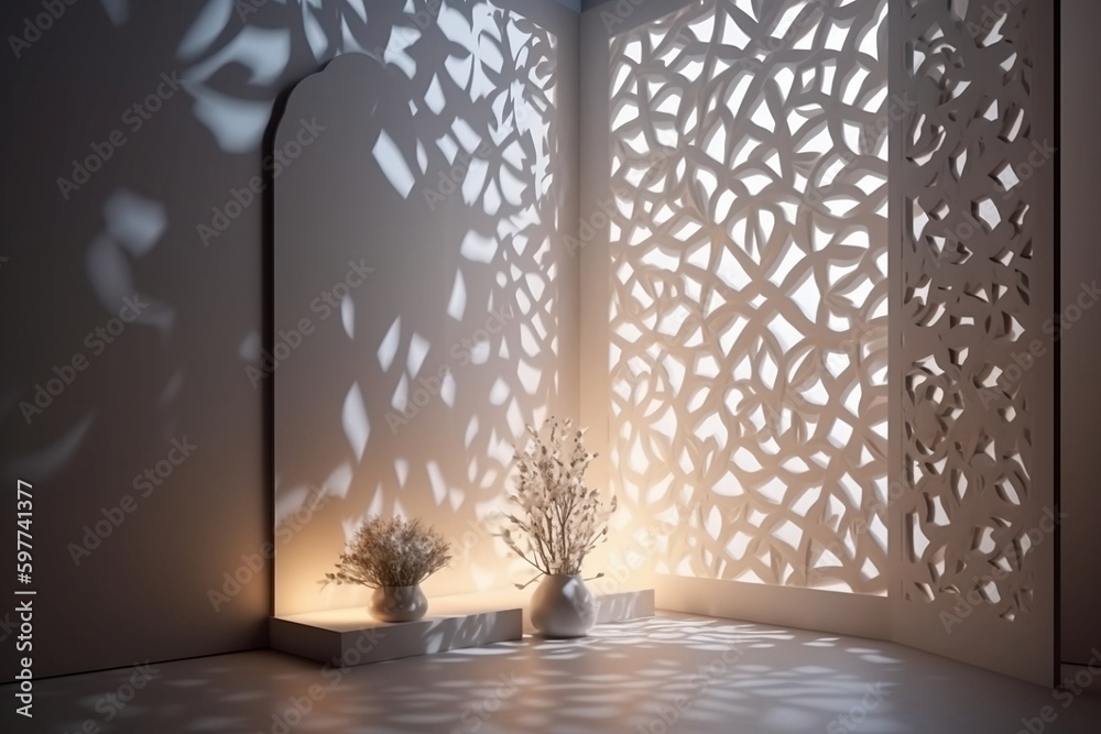 Clean and chic light background with hidden lighting and decorative ...