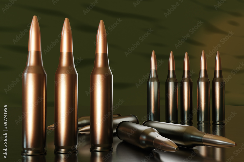 Large caliber ammunition. Cartridges with golden tip. Army pistol ...