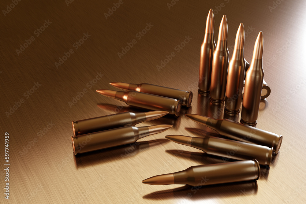 Table with cartridges. Ammunition for rifle. Bullets for firearms ...