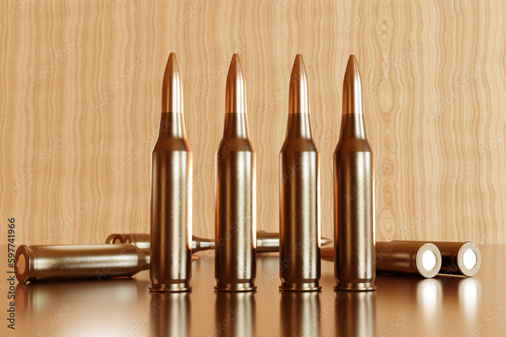Cartridges for rifle. Ammunition table. Bullets on wooden background ...