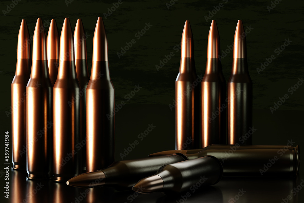 Military bullets. Copper ammo. Ammunition in dark. Table with bullets ...
