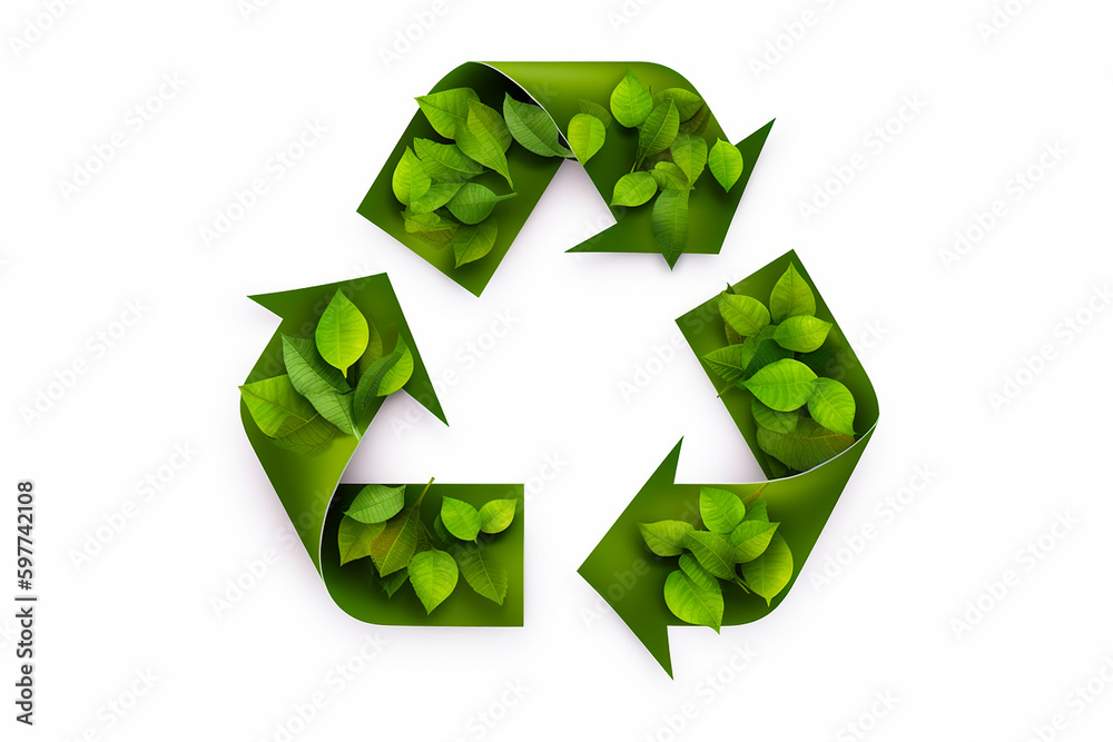 Recycling symbol from green leaves on white. Recycling arrows, reuse ...