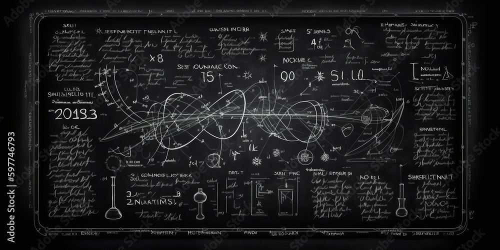 Scientific formula written on a blackboard, with symbols and equations ...