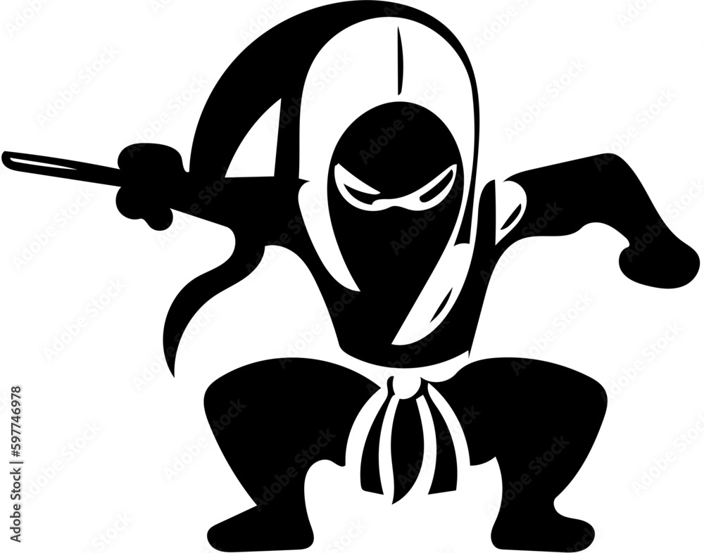 Ninja warrior mascot logo in black and white, vector illustration of a ...