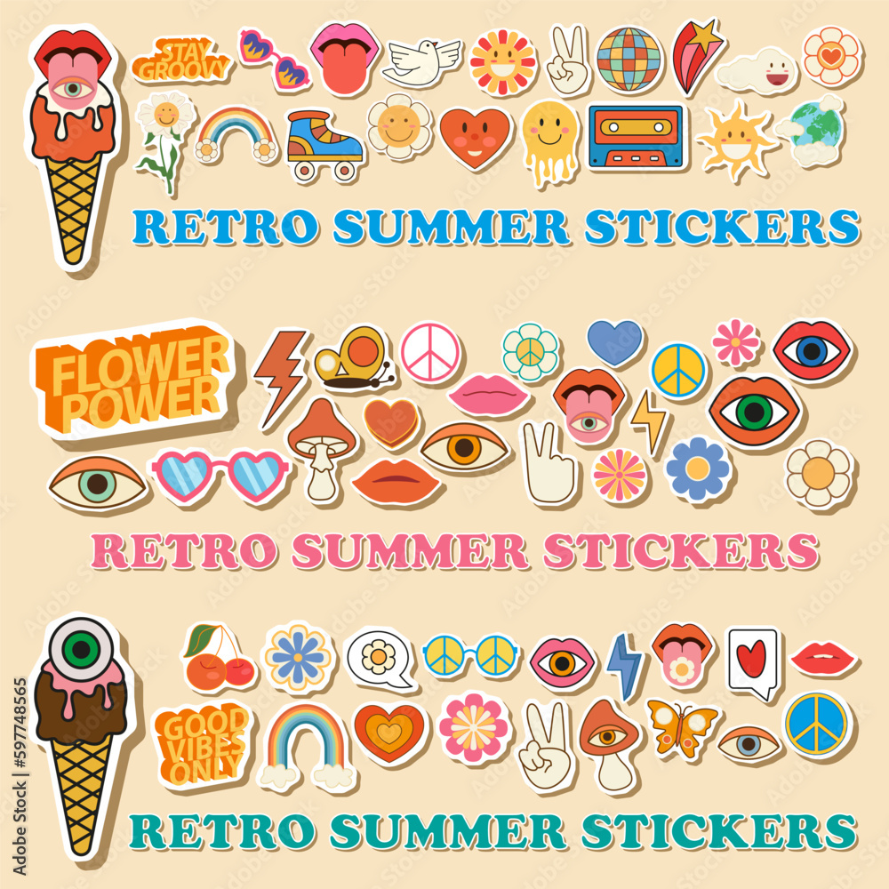 Groovy hippie 70s summer sticker icon set. Sticker pack in trendy retro ...