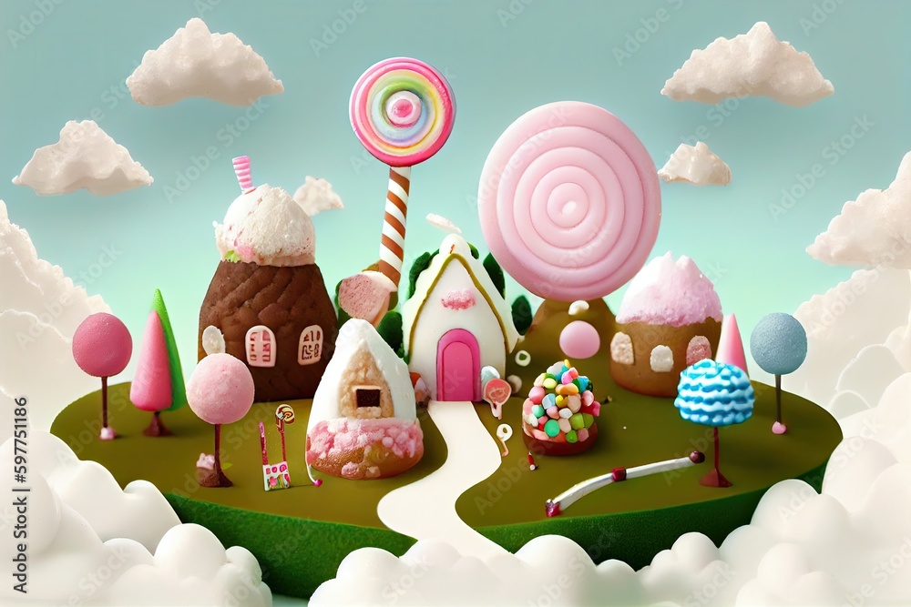Fantasy village or town made of sweets, ice-cream, marshmallow, cookies ...