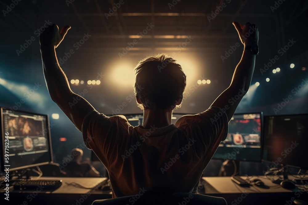 Professional esports horizontal bar, the player raises his hands from ...