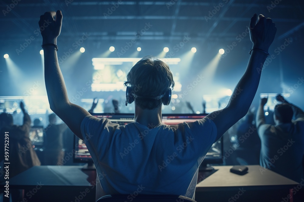 Professional esports horizontal bar, the player raises his hands from ...