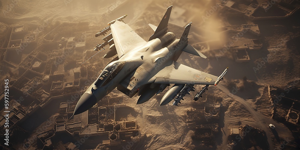 Military fighter in the sky. Crossing the bombing site of a target ...