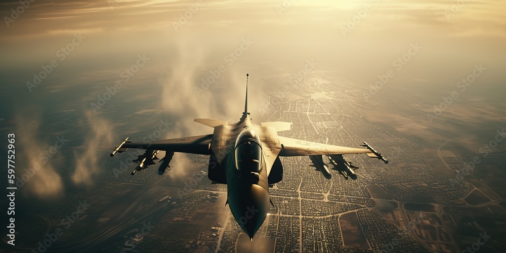 Military fighter from a bird's eye view. Crossing the bombing site of a ...