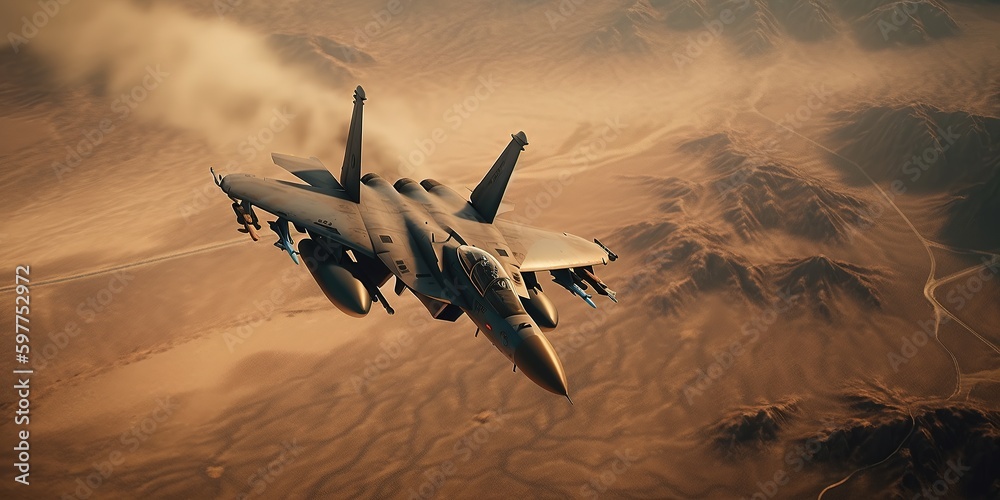 Military fighter from a bird's eye view. Crossing the bombing site of a ...