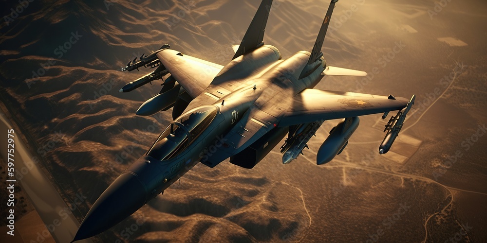 Military fighter in the sky. Crossing the bombing site of a target ...