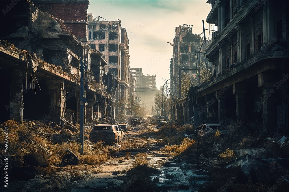 Apocalyptic view of destroyed city buildings, post-apocalypse after ...