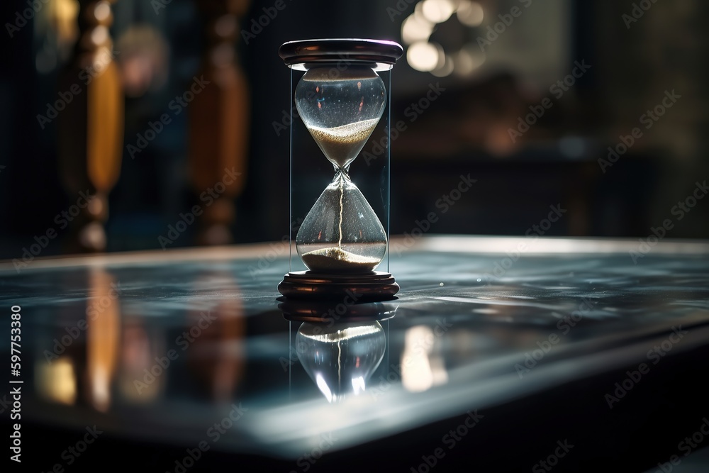 Beautiful graceful hourglass on a glossy table with a reflective ...