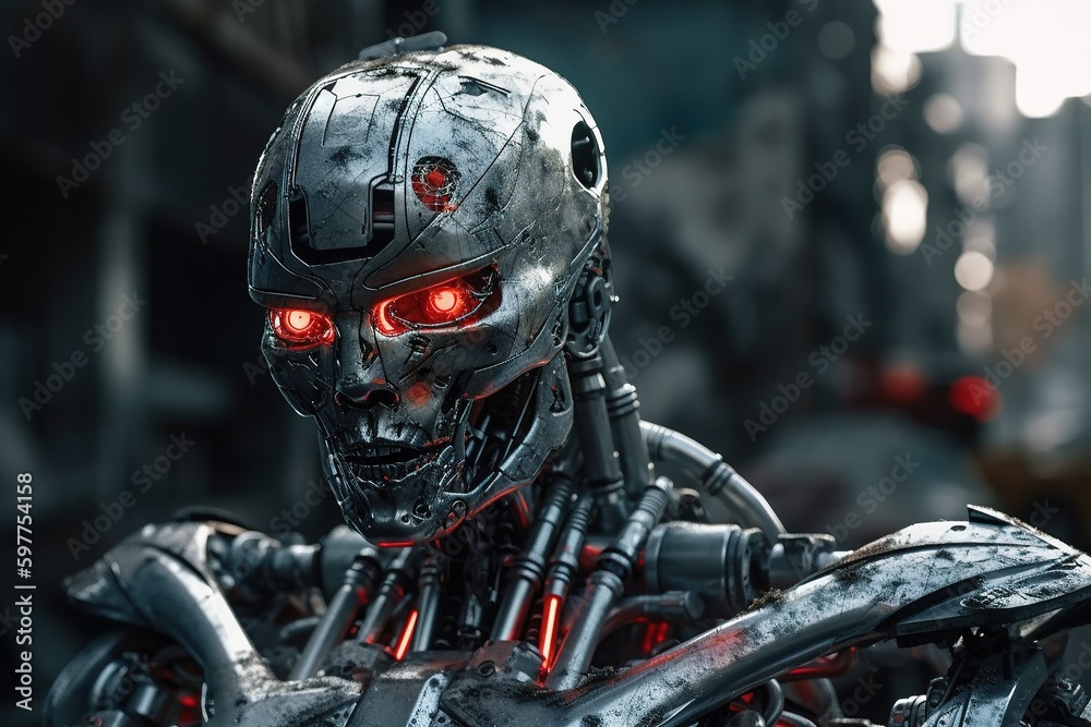 Chrome-plated muscular robot. Artificial intelligence. Evil robot with ...