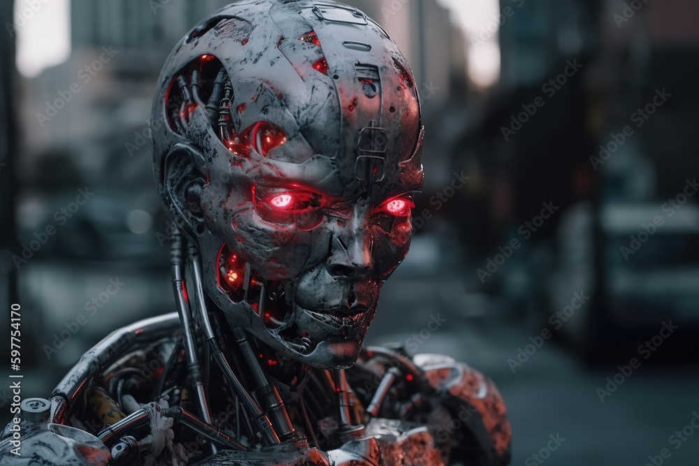 Chrome-plated muscular robot. Artificial intelligence. Evil robot with ...